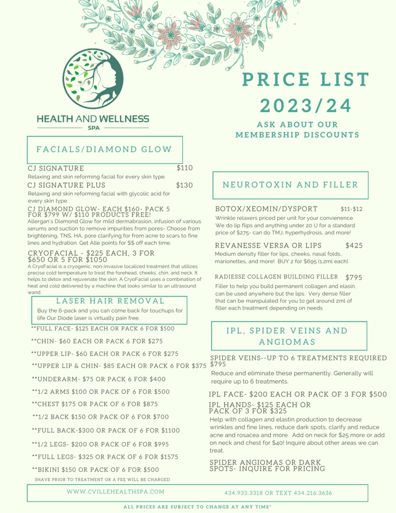 Detailed Price Menu at Health and Wellness Spa In Charlottesville